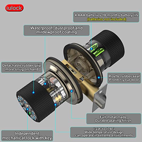 iulock Smart Door Knob with Keypad and Key,Keyless Entry Door Lock with Rubber Grip, Auto Lock,50 User Code,Waterproof, Easy to Install and Program for Bedroom Garage Office Gate (Matte Black)