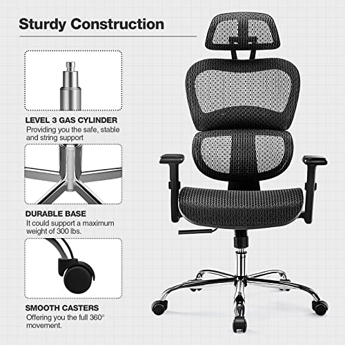Ergonomic Office Chair, High Back Mesh Office Chair with 3D Armrests and Headrest, Adjustable Rolling Chair with Lumbar Support and Tilt Function, Breathable Mesh Chair for Gaming, Executive, Office