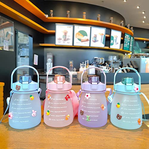 excvalues Kawaii Water Bottle with Strap, Large Capacity Cute Water Bottles with 3D Stickers, Portable Big Belly Bottle for School Outdoor Camping(Pink)