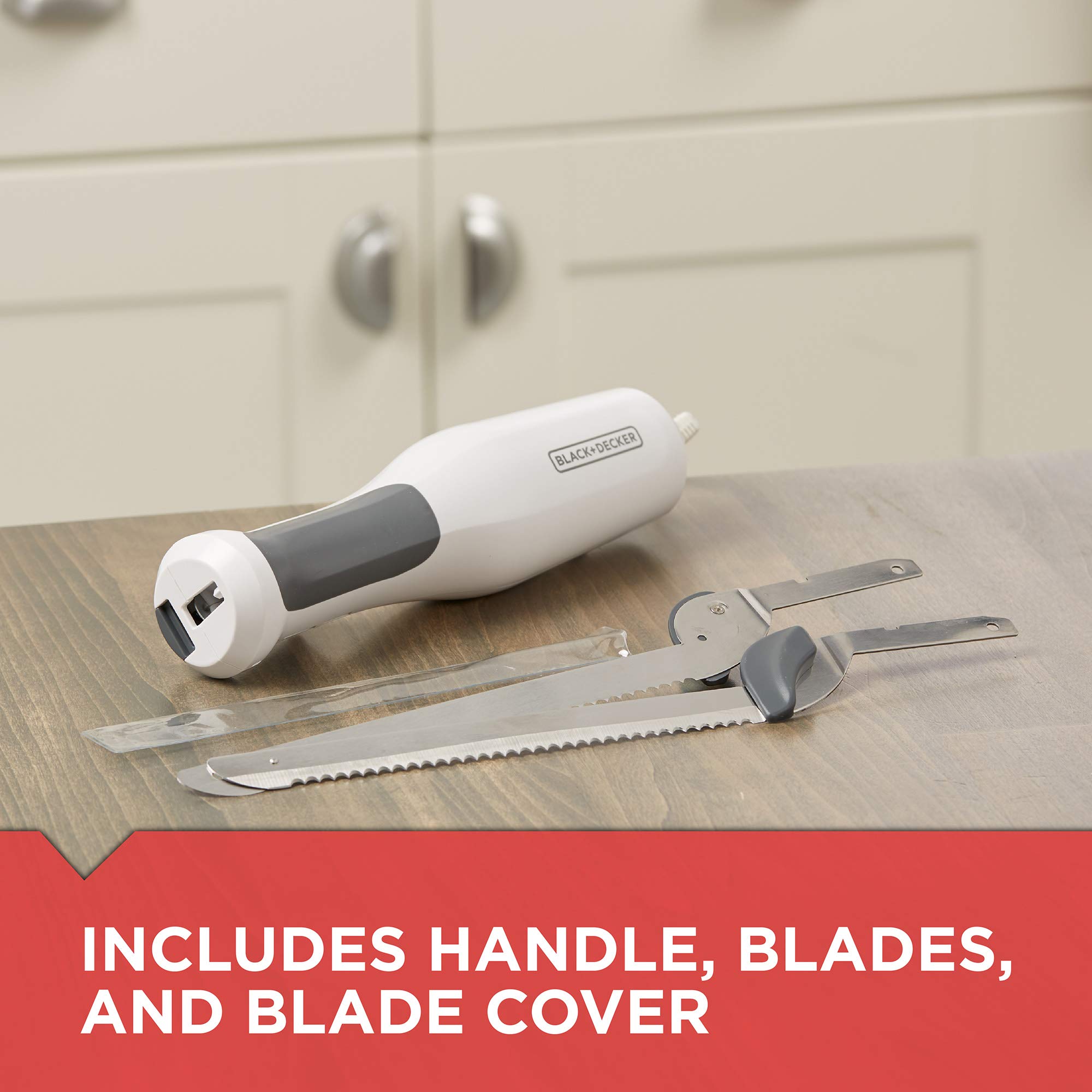BLACK+DECKER 9 inch Electric Carving Knife, Comfort Grip Handle & Safety Lock Button, Stainless Steel Blades and Dishwasher Safe Parts, White