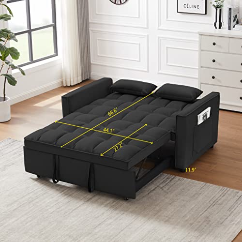 DHHU 52" Sleeper Couch Pull Out Bed, Velvet Convertible Sofa Bed, Loveseat Couch with Toss Pillows and Pockets for Living Room Furniture