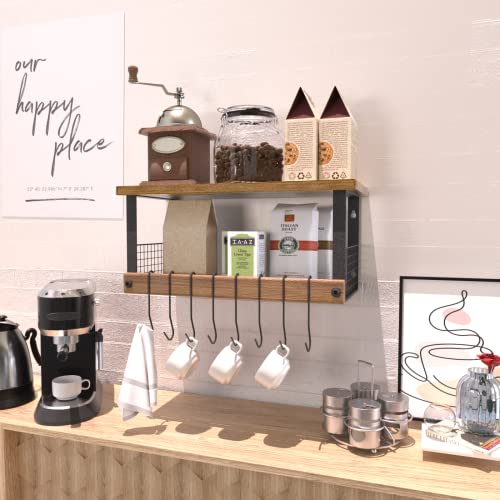 J JACKCUBE DESIGN Wall Mount Rustic Wood Floating Shelf, Coffee Mug Rack with 8 Hooks, 2 Tier Hanging Storage Shelves for Kitchen, Bathroom, and Living Room - MK455A