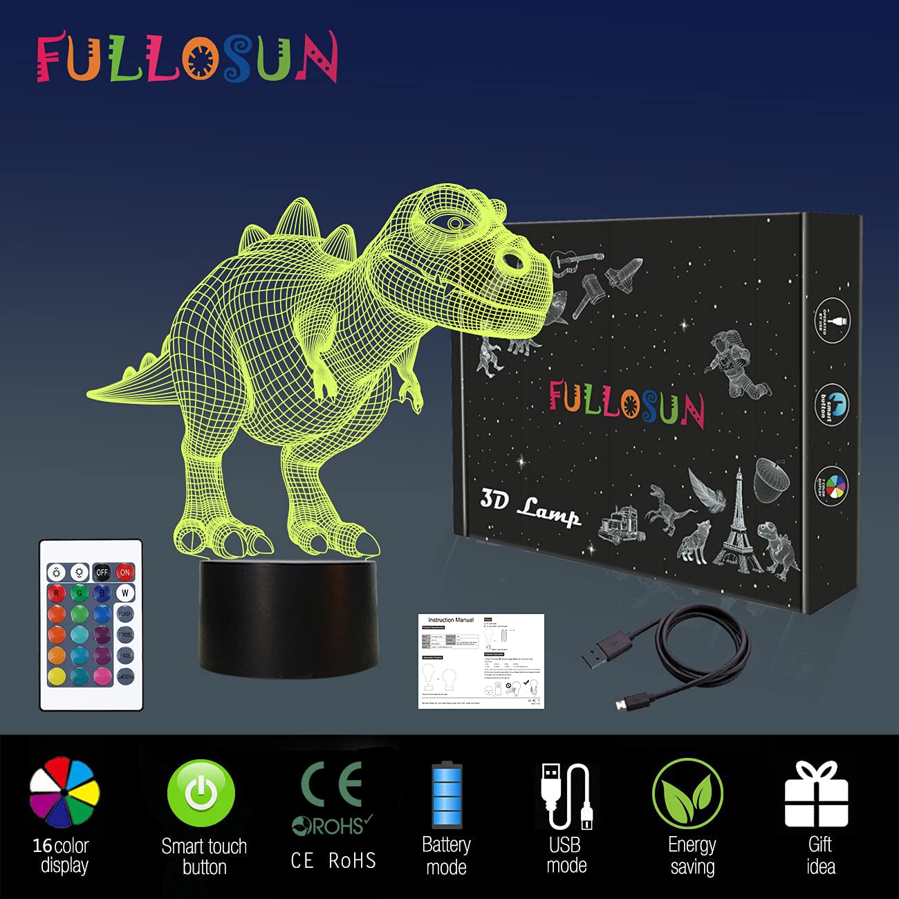 FULLOSUN Night Light for Kids Dinosaur T-rex 3D Night Light Bedside Lamp 16 Colors Changing with Remote Control, Xmas Halloween Birthday Gift for Child Baby Boy