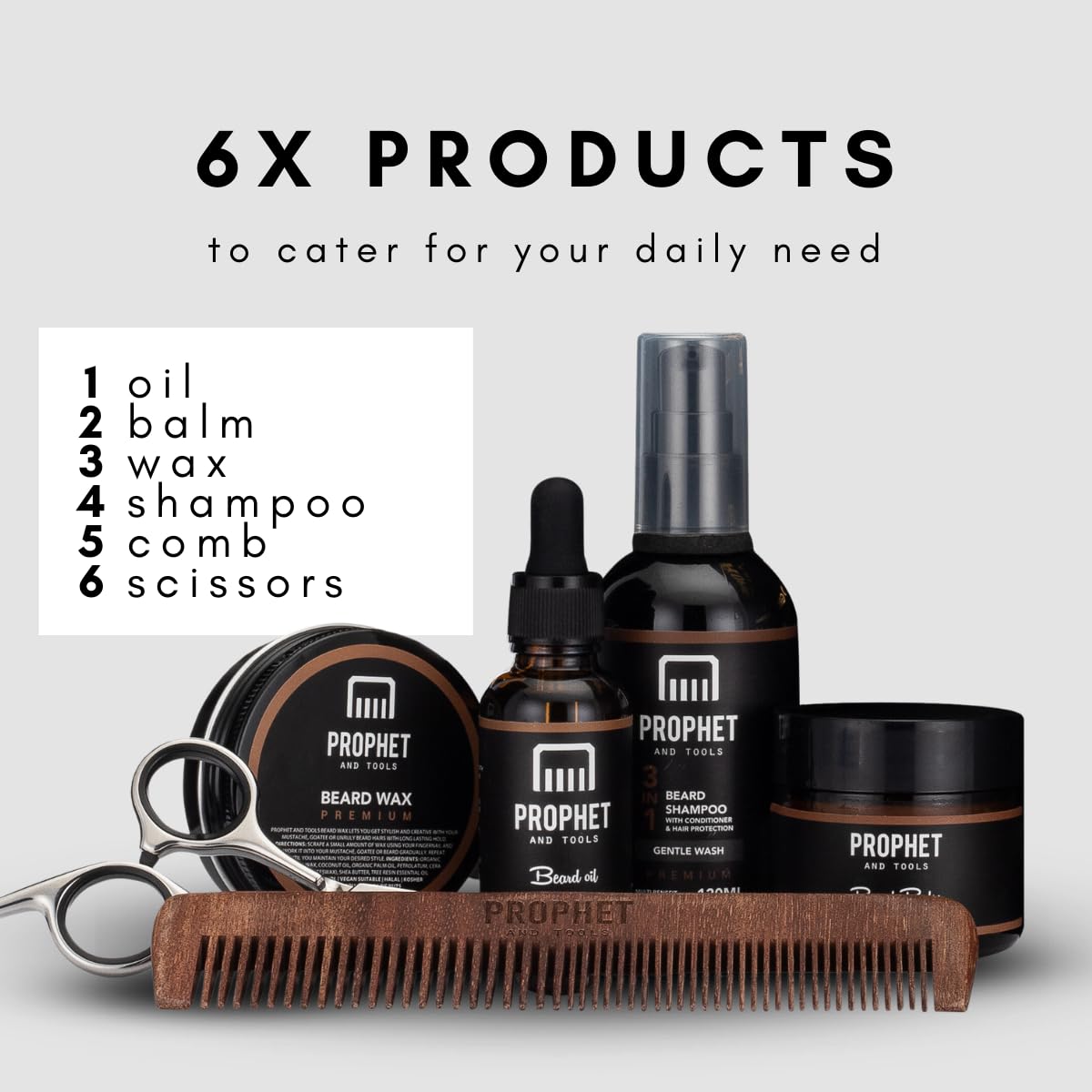 6 Pieces Mens’ Beard Grooming Kit - Includes Beard Oil, Balm, Wax, Shampoo, Comb and Scissors - Personal Barber in Your Bathroom - Grow Fuller, Moisturize & Style - Perfect as a Gift