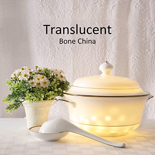 Bone China Soup Tureen with lid, ladle and spoon rest, 2.97QT, Gold Rim, 4PC set, Big Serving Bowl, Elegant Ceramic Porcelain, White, Translucent, Modern, Simple and resistant, Greeting dinnerware