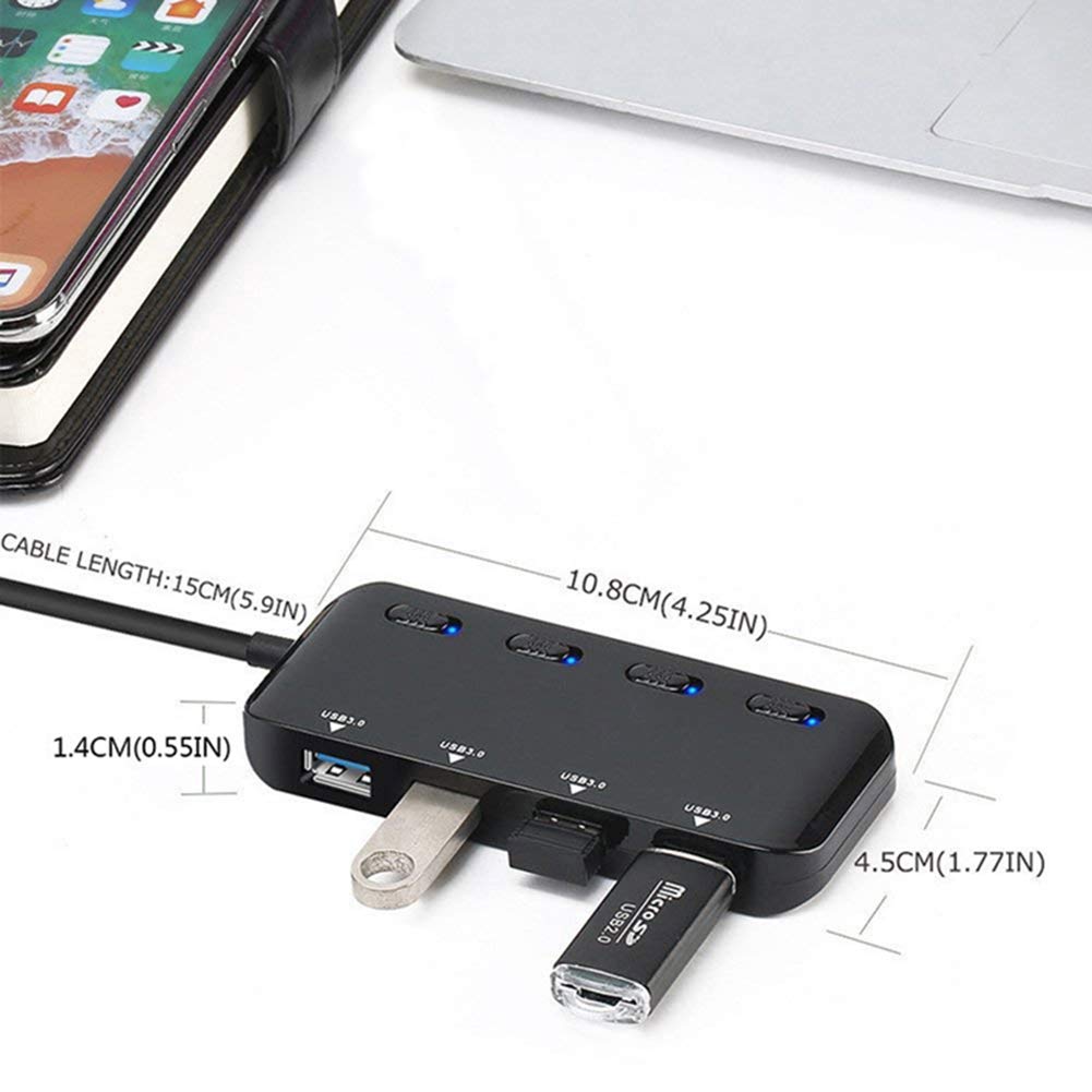 USB 3.0 Hub Splitter - USB Extender 4 Port USB Ultra Slim Data Hub with Individual Power Switch and LED for Laptop, Computer, PC, Thumb Driver and More