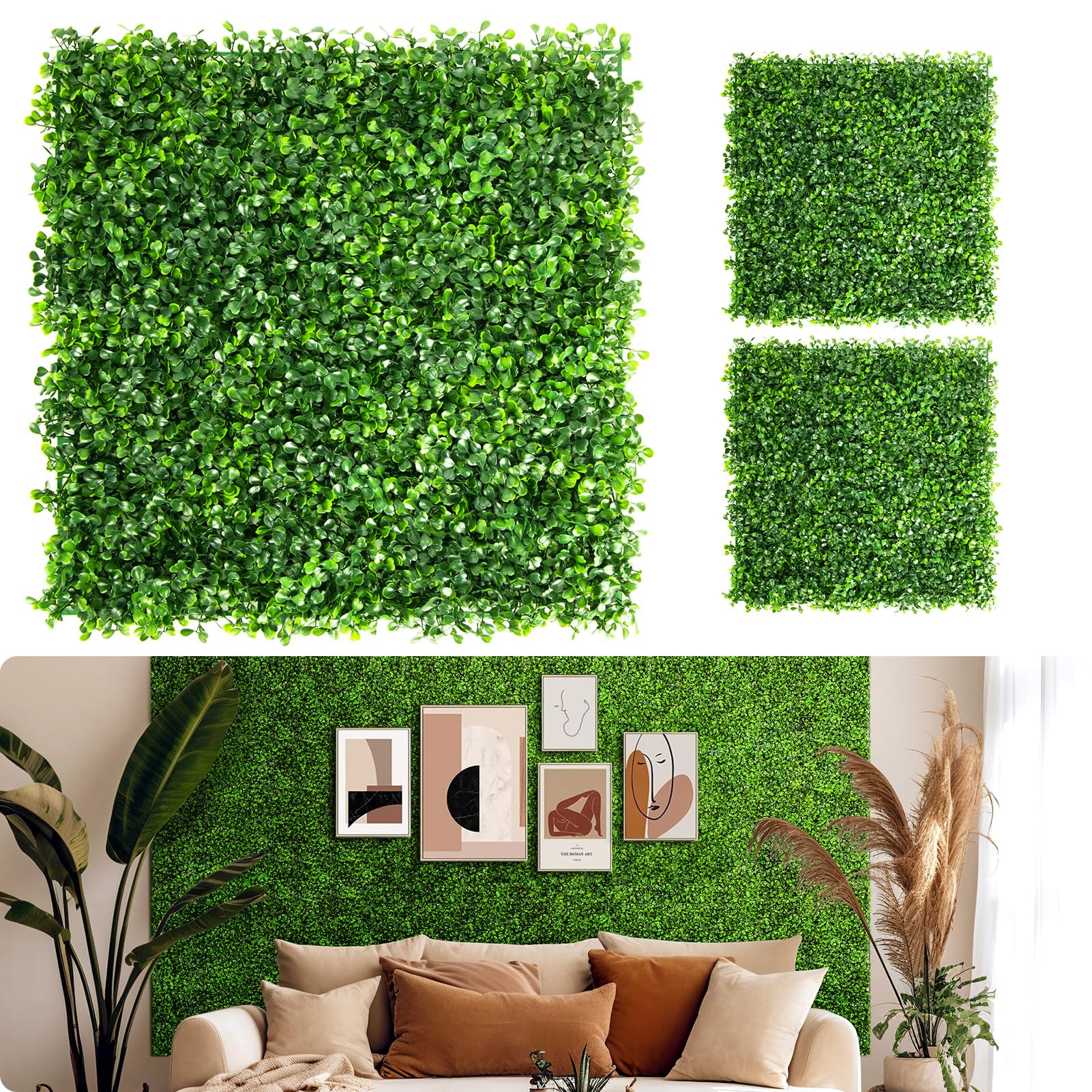 Aboofx 10x10in Artificial Grass Wall Panels, 12 Pack Boxwood Decor for Interior Walls, Garden Fences, Greenery Backdrop