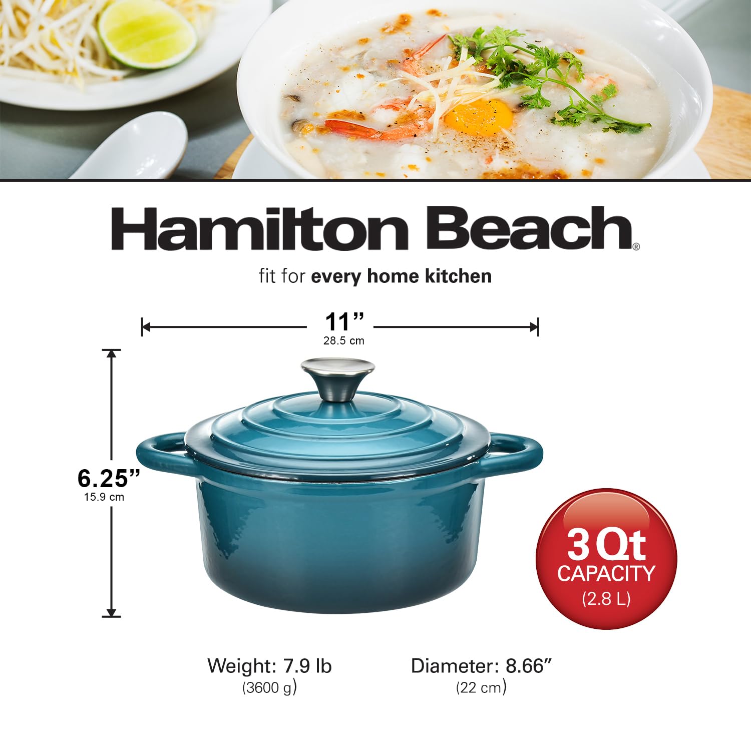 Hamilton Beach Enameled Cast Iron Dutch Oven Navy (3-Quart) | Cream Enamel Coating Dutch Oven Pot with Lid | Cast Iron Dutch Oven with Even Heat Distribution | Easy Grip to Handles & Multipurpose