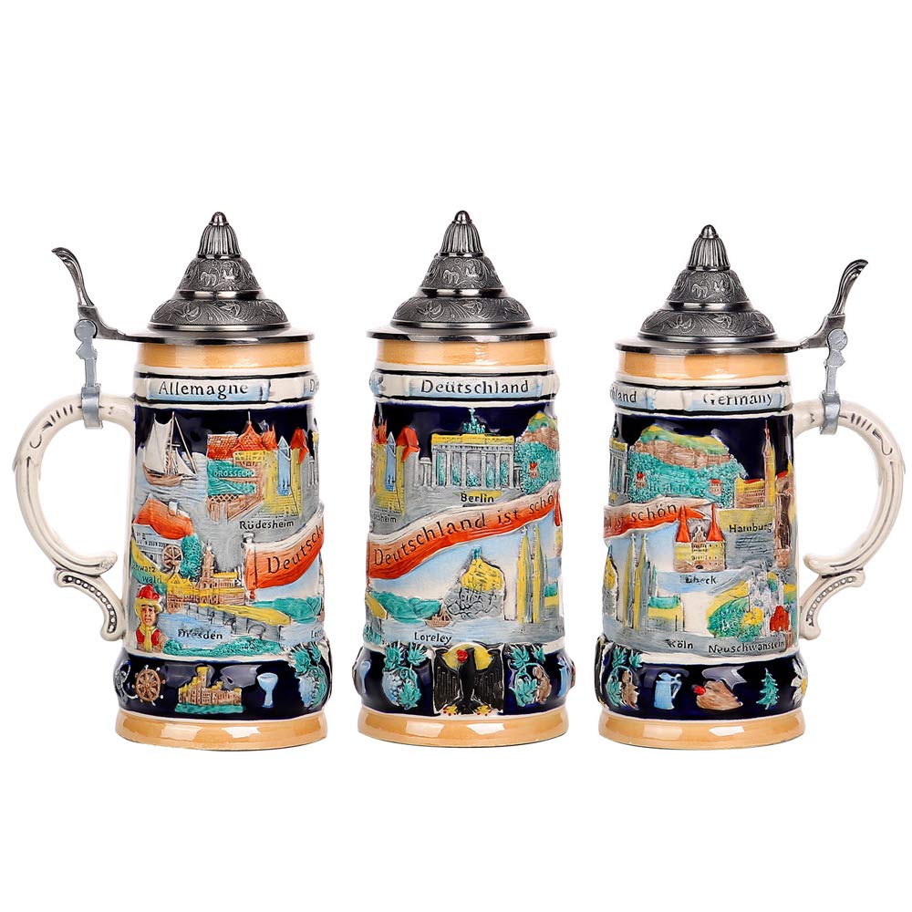 AEIDDRWAA 0.85L Beer Stein German Ceramic Mug Oktoberfest Tankard Eagle Deutschland Bierkrug Drinking Glass Horn Coffee Stine for Men Tankard Petwer Lid Germany Gifts Souvenirs Gift Box