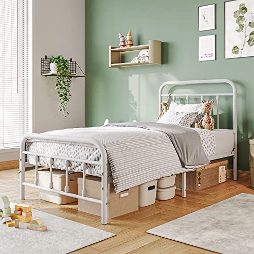 Elegant Home Products Vintage Twin Size Bed Frame with Headboard and Footboard Mattress Heavy Duty Metal Platform Bed Frame Steel Slat Support (Twin, White)