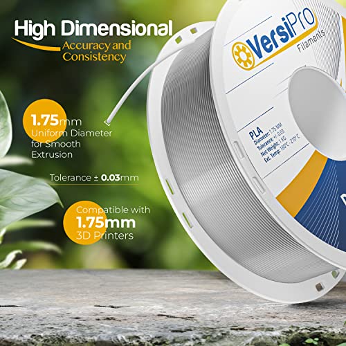PLA 3D Printer Filament | Silver PLA Filament 1.75mm | 1KG Spool (2.2lbs) - Fits Most FDM Printers | Dimensional Accuracy +/- 0.03 mm | 3D Printing Filament 1.75 Will Not Warp, Clog or Break
