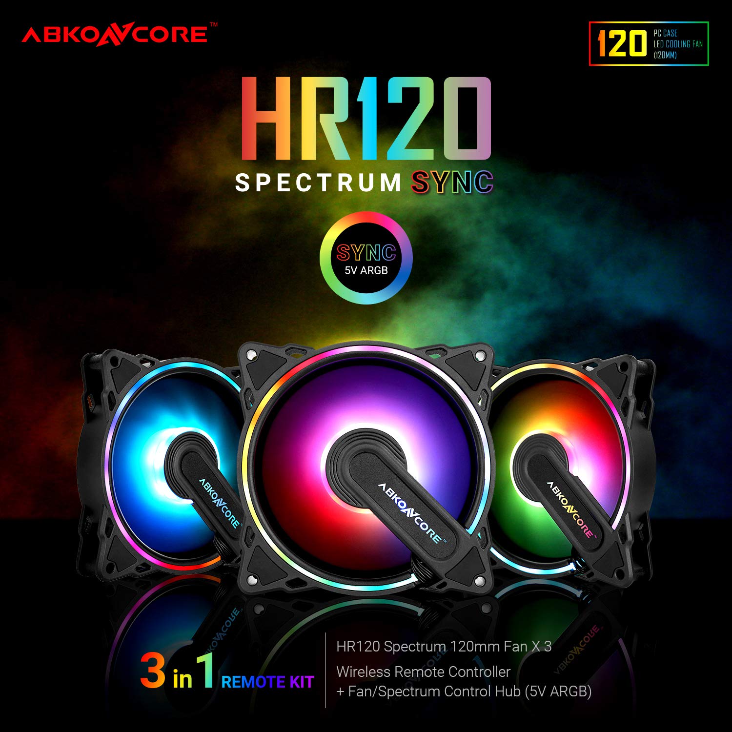 ABKONCORE HR120 RGB Fans, 3 Pack 120mm Computer Fans, 5V ARGB Motherboard SYNC/Remote Controller, Ajustable Fan Speed and Color, Hydro Bearing Case Fan with Fan Control Hub