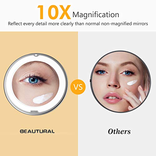 Beautural 10X Magnifying Makeup Mirror with LED Lights, Lighted Magnifying Vanity Makeup Mirror for Home Tabletop Bathroom Shower Travel, 360 Degree Rotation, Powerful Suction Cup