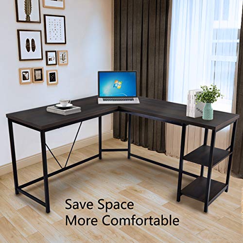 Basic Houseware 59" L Shaped Gaming Desks L-Shaped Computer Desk with Shelves Industrial Corner Desk Gaming Table Workstation for Home Office