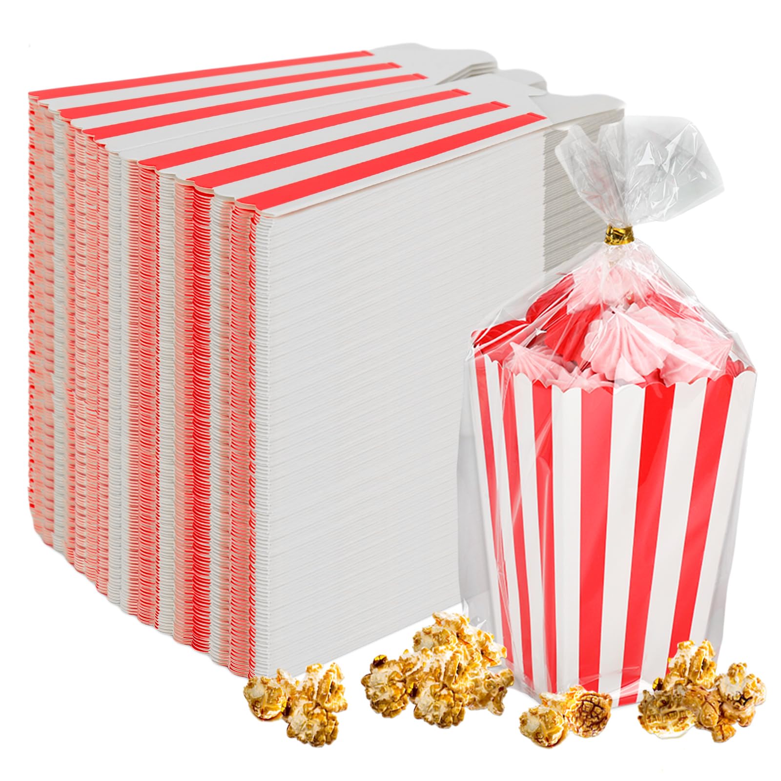 JarThenaAMCS 200Pcs Mini Popcorn Bags Bulk Paper Popcorn Boxes with Clear Plastic Treat Bags Red White Stripe Popcorn Buckets Paper Candy Favor Bags for Movie Night Party Supplies, 4.5 x 2.8 x 2 Inch