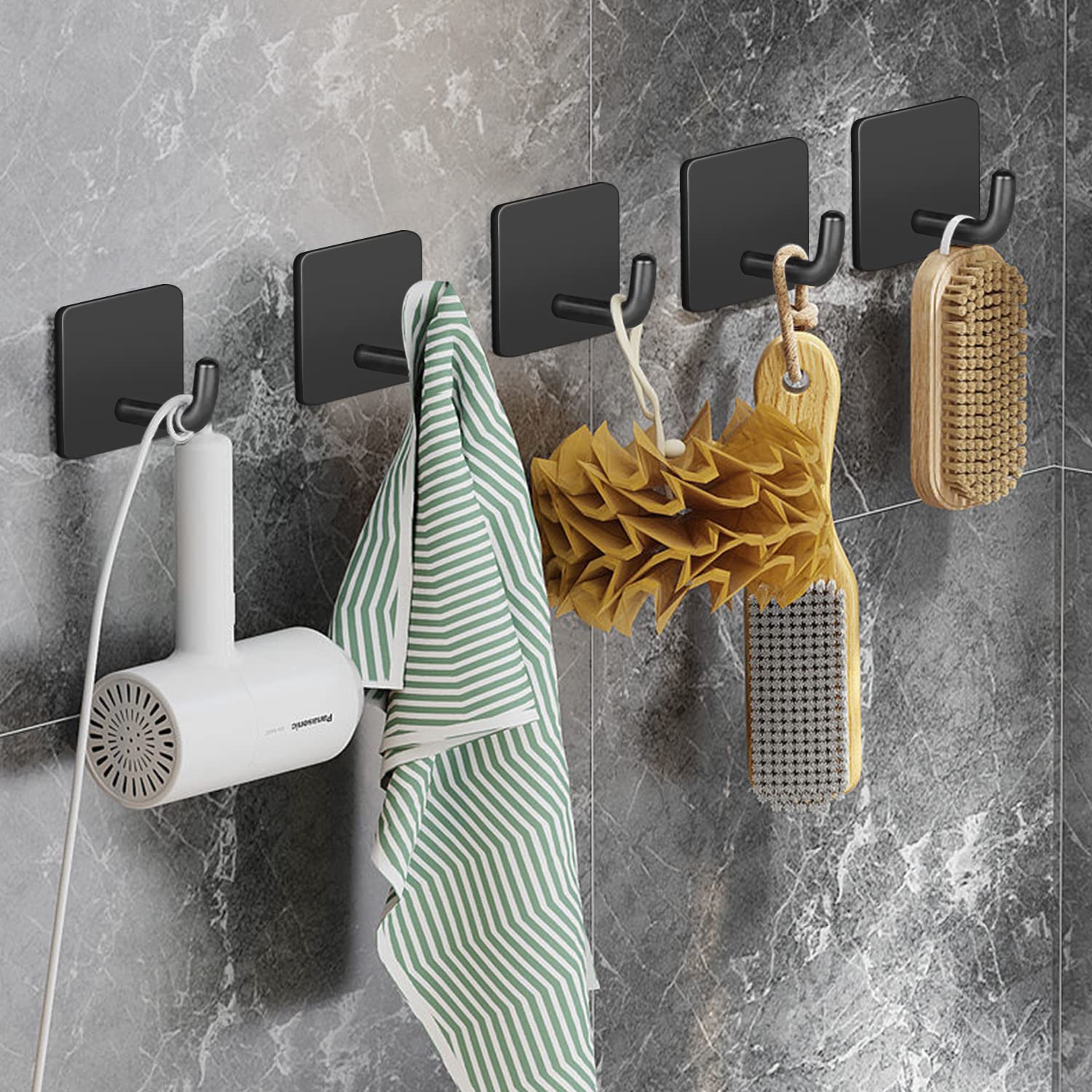 GAOHUI 4 Packs Adhesive Coat Hooks, Black Stainless Steel Sticky Wall Hooks for Hang, Towel Hooks for Bathroom Wall Mounted & Kitchen Accessories