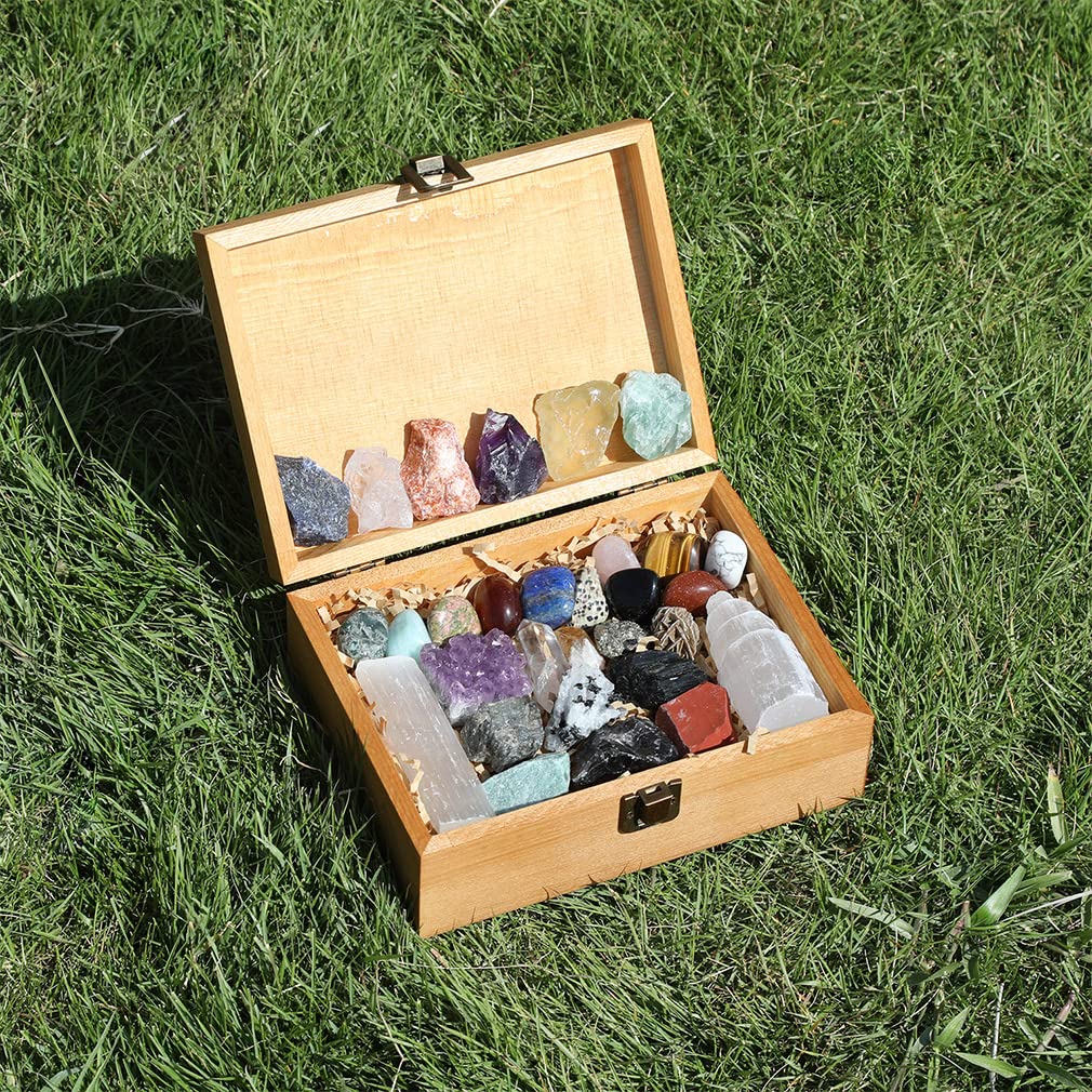 30 PCS Crystals and Stones Set - Natural Raw Healing Crystals & Tumbled Chakra Stones, Premium Protection Crystals Gift Kit Display in Wooden Box + Info Guide