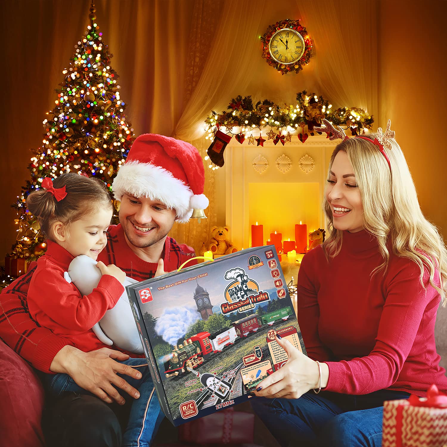 Train Set - Trains USB Charging Battery and Remote Control - 2022 Christmas Train Toys - Steam Locomotive Engine, Cargo Car and Train Tracks - Train Toy for 3 4 5 6 + years old Kids