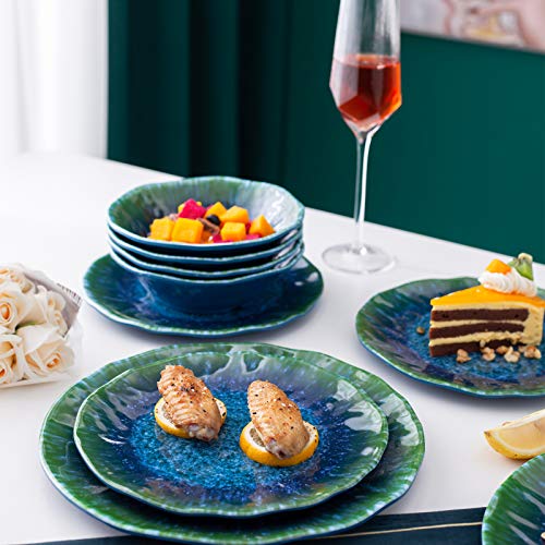 Melamine Dinnerware Set 12 PCS Teal Turquoise Tableware Plates Bowls Blue Green Dishwasher Safe Not Microware Not Oven