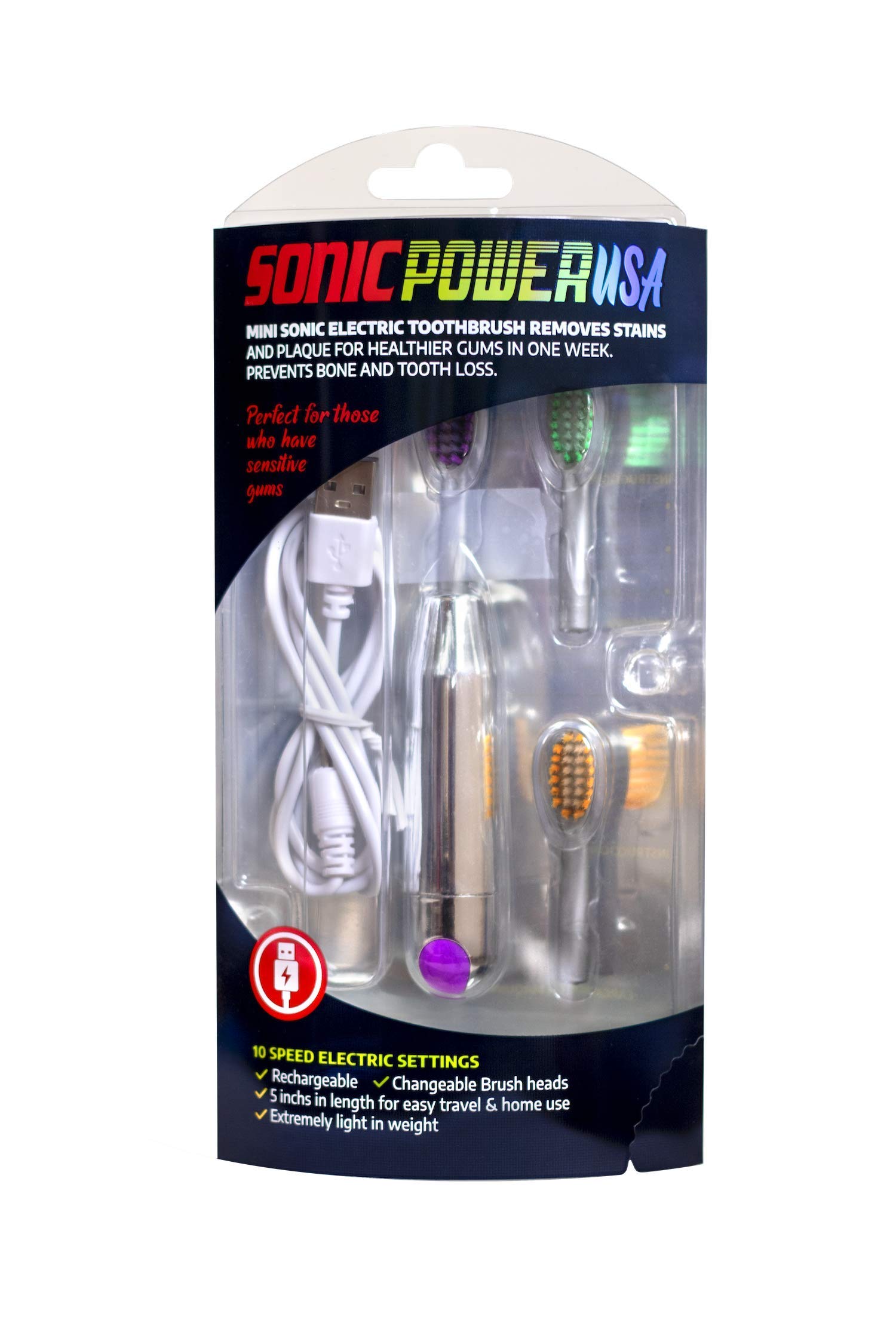 SonicPowerUSA Micro Sonic Toothbrush - Portable and Powerful Toothbrush with Rechargeable Batteries - Lightweight Electric Toothbrush with Changeable Brush Heads - Great for Travel and Easy to Use