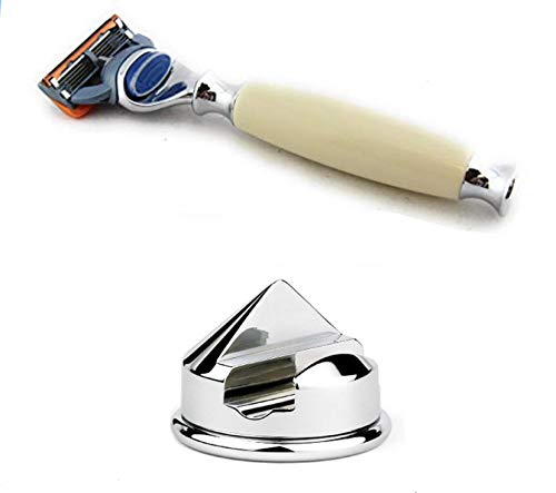 G.B.S Men’s Faux Ivory Shaving Gift Set, 5 Blade Compatible Ivory Handle Razor, Ceramic Ivory Shaving Mug, Shaving Brush, Sandalwood Aftershave, Natural Shaving Soap & Razor Stand Grooming Kit for Men