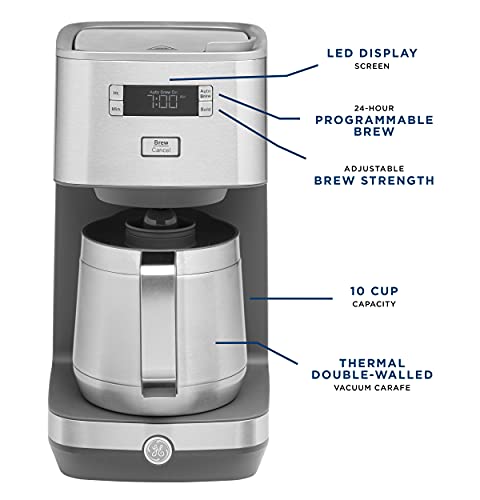 GE Drip Coffee Maker With Timer | 10-Cup Thermal Carafe Pot Keeps Coffee Warm for 2 Hours | Adjustable Brew Strength | Wide Shower Head for Maximum Flavor | Kitchen Essentials | Stainless Steel