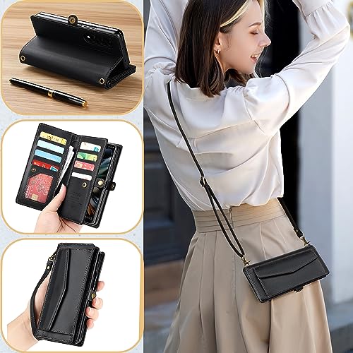 DKDKSIP for Samsung Galaxy Z Fold 5 Wallet Case for Women, RFID Blocking Card Holder, PU Leather Flip Phone Case with Crossbody Strap Wristlet Kickstand for Galaxy Z Fold 5, Black