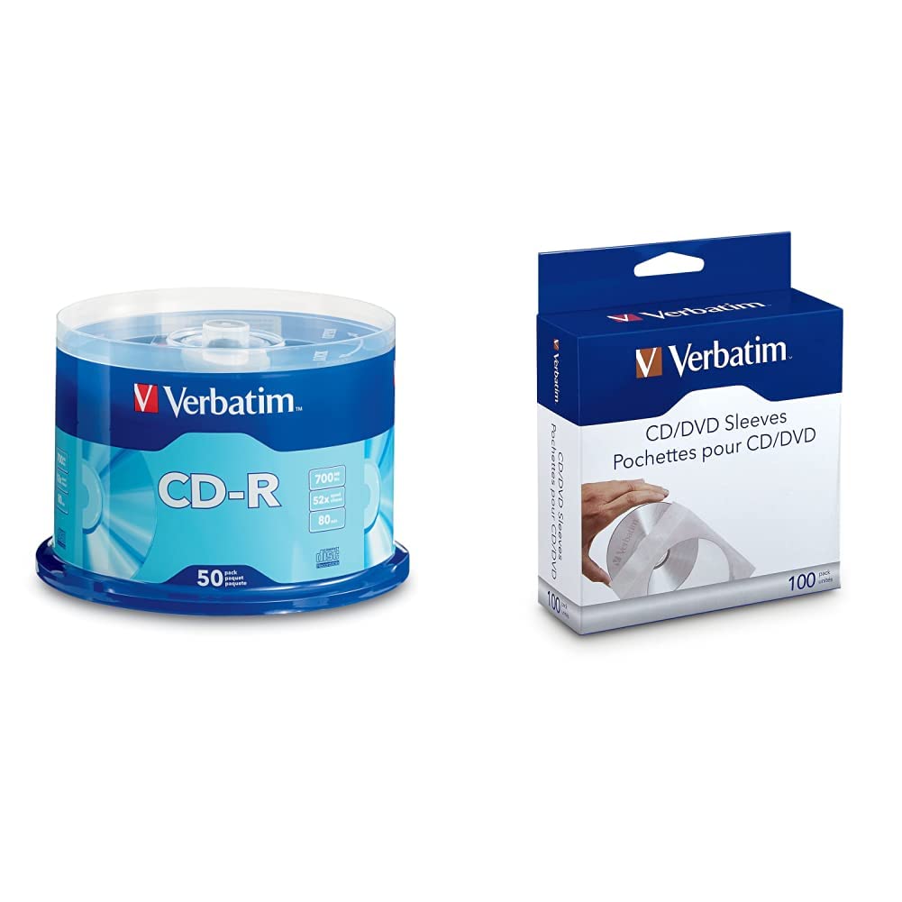 Verbatim 94691 CD-R 700MB 80 Minute 52x Recordable Disc - 50 Pack & CD/DVD Paper Sleeves-with Clear Window 100pk