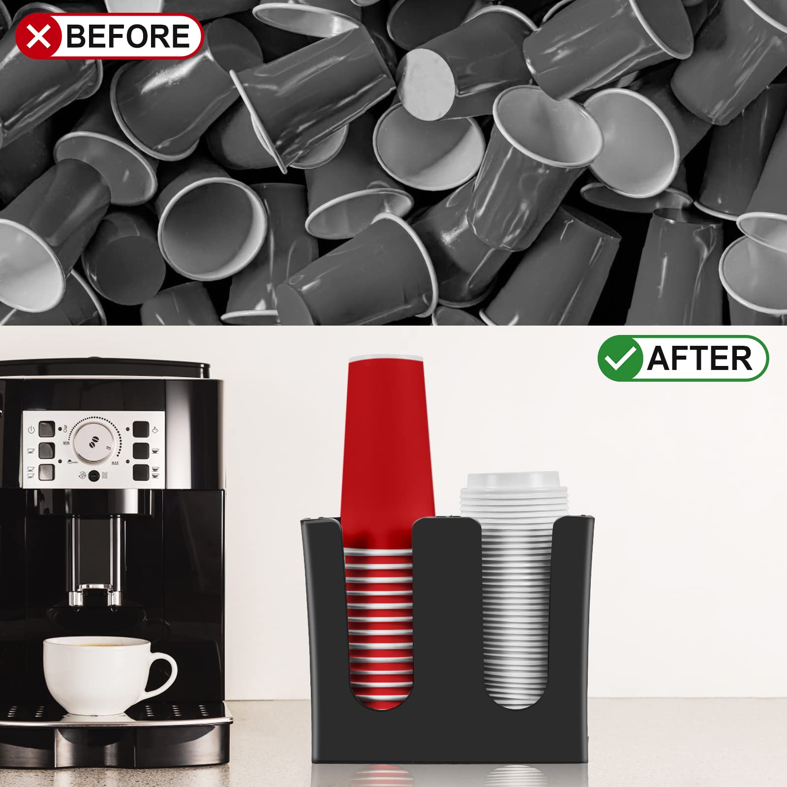 Samhe Cup Dispenser, 2 Compartment Coffee Cup and Lid Holder for 5oz-16oz Paper Plastic Cups, Cup Organizer for Table Countertop Coffee Station Bar Office