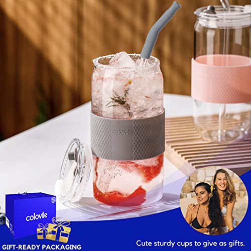 ColoVie Can Shaped Drinking Glass Cups with Lids and Glass Straws 6pc Set-16oz Travel Glass Tumbler Cup with Silicone Protective Sleeve, Iced Coffee Cup, Soda Beer Drinking Jars, Securely Boxed-Gift