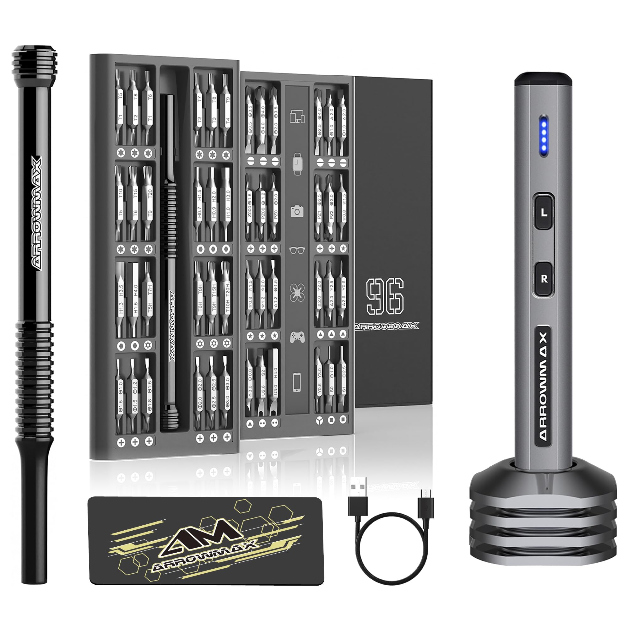 AM ARROWMAX Electric Screwdriver, Cordless Precision Screwdriver Set with 28 Magnetic Precision Bits, Rechargeable Portable Repair Tool Kit for Electronics Laptops Glasses Clocks (SES MINI) Black