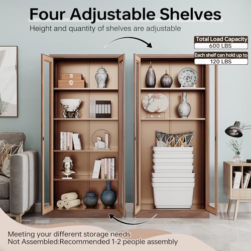 AFAIF 71" Tall Metal Storage Cabinet with Glass Door & 4 Adjustable Shelves, Freestanding Bookshelf for Home Office, Living Room, Pantry