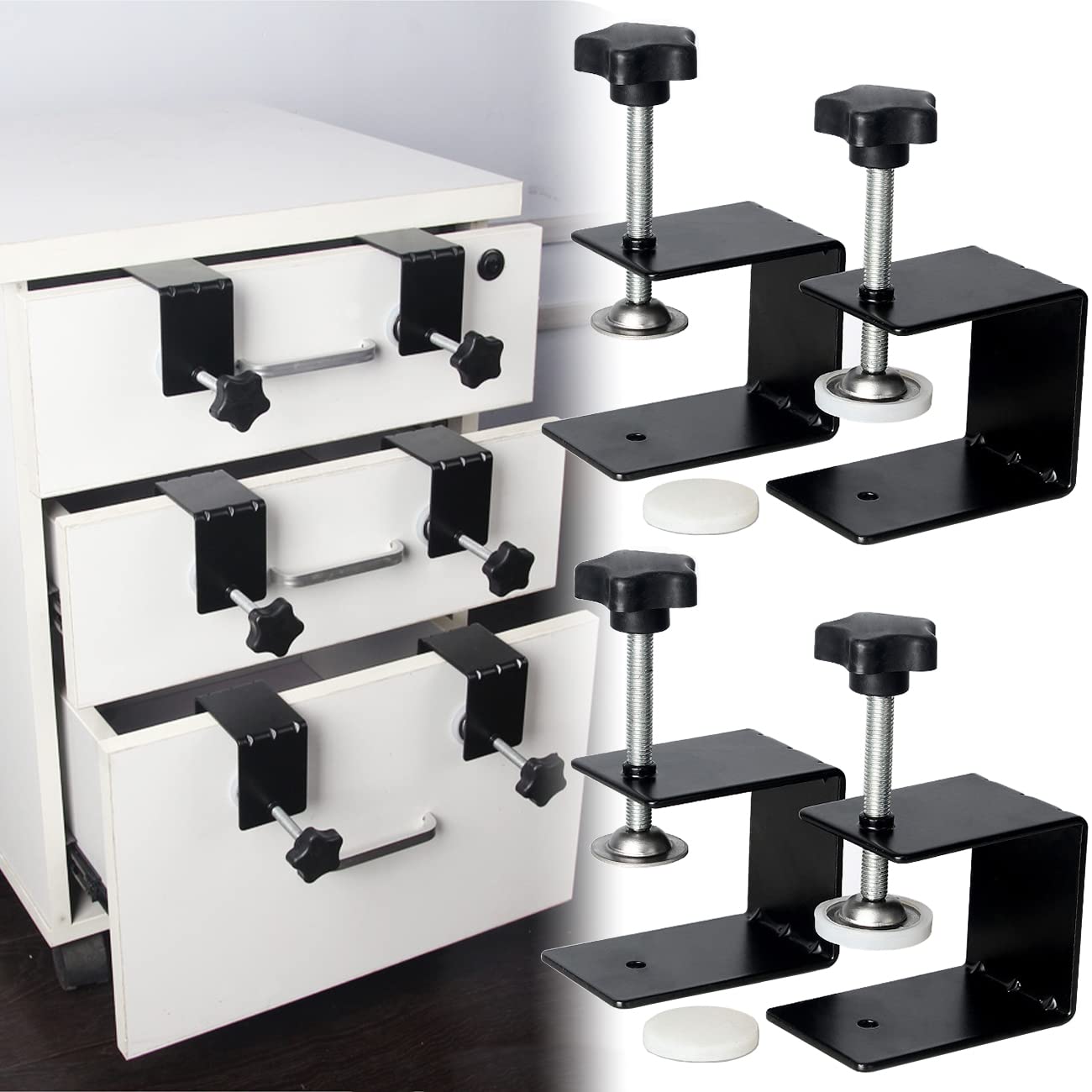 4Pcs Drawer Fixing Clip, Drawer Front Installation Clamps, Cold-Rolled Steel Clamps for Woodworking, cabinet installation tools Front Drawer Woodworking Clamps Drawer Jig for Tables Desk Mount