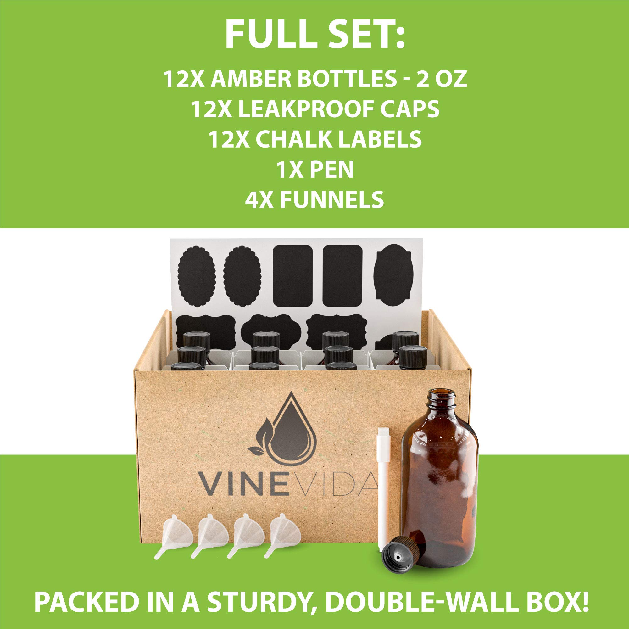 VINEVIDA 8 oz Amber Glass Bottles - 12 Pack Amber Boston Glass Bottles With Poly Cap and Accessories - Chalk Labels, Funnels - Empty Tincture Bottles for Essential Oils, Lab Chemicals, and Perfumes
