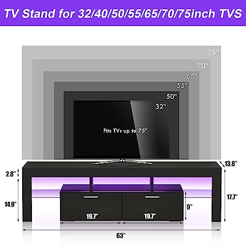 DMIDYLL Black TV Stand with LED Lights for TVs up to 65'', Modern TV Console with Storage Cabinets for Living Room, Bedroom, LED Entertainment Center