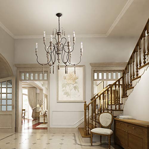 LALUZ Farmhouse Wood Chandeliers for Dining Rooms, 9-Light Distressed French Country Lighting, D39 H38