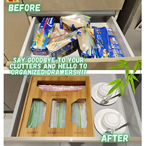 Alpha Kurtisa Bamboo Ziplock Bag Organizer for Kitchen-Walls-Drawers-Can fit Ziplock bags like Gallon-Snack-Sandwich-Quart. Includes Keyholder with Cellphone stand (Natural)