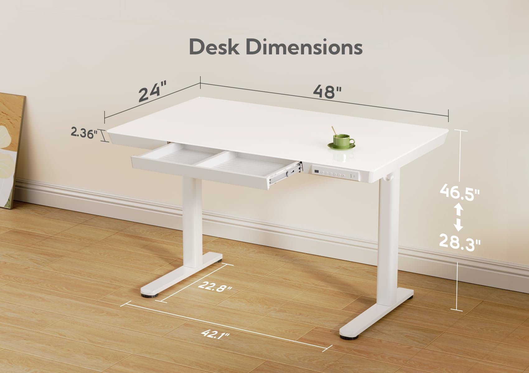 Claiks Glass Standing Desk with Drawers, 40 Inch Adjustable Stand Up Desk, Quick Install Home Office Computer Desk with USB Ports, White