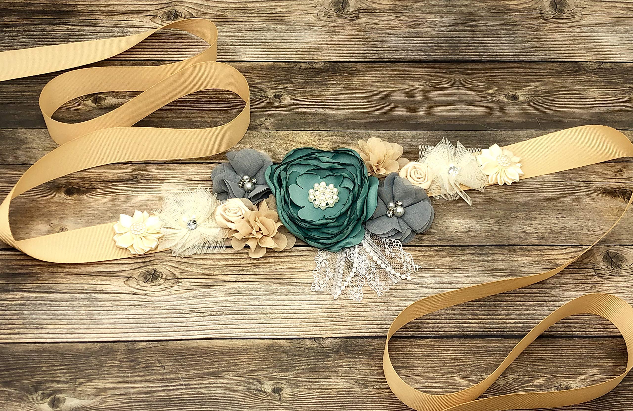 Sage Forest Green Flower Belt Sash Bridal Maternity Belly Band Brown Gray Flowers Baby Shower Gender Reveal Keepsake Gift
