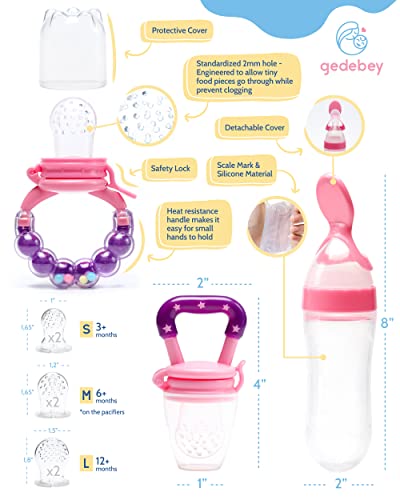 Gedebey Baby Fruit Feeder Pacifier - 3 Pack | 2 Silicone Baby Feeder Pacifiers & 1 Baby Feeding Spoon | Frozen Fruit Teether | Forage Feeder | Food Pacifier for Babies | Baby Food Spoon (Pink)