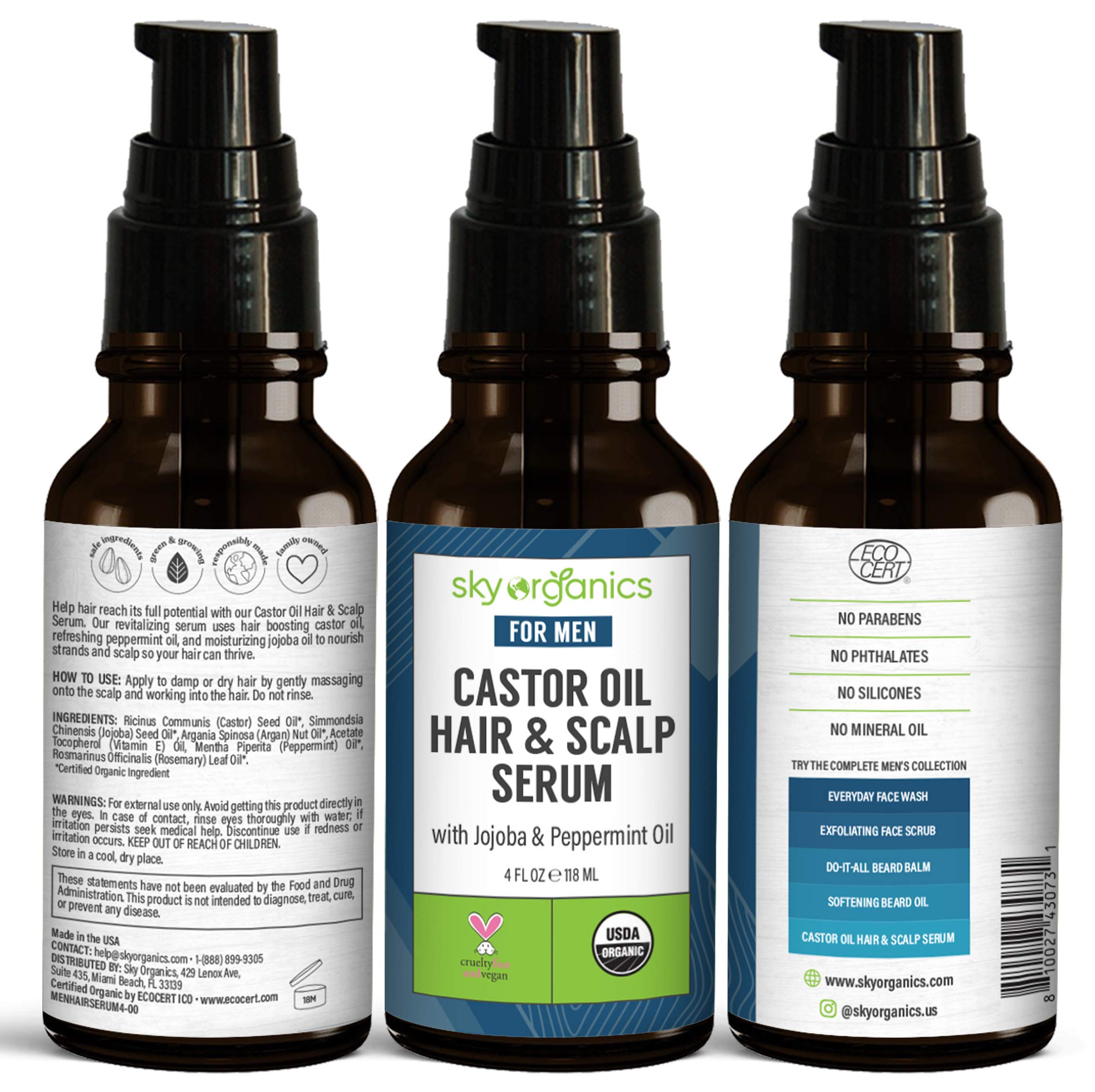 Sky Organics Men's Organic Castor Oil Hair & Scalp Serum for Hair, USDA Certified Organic to Moisturize, Support & Condition, 4 fl. Oz