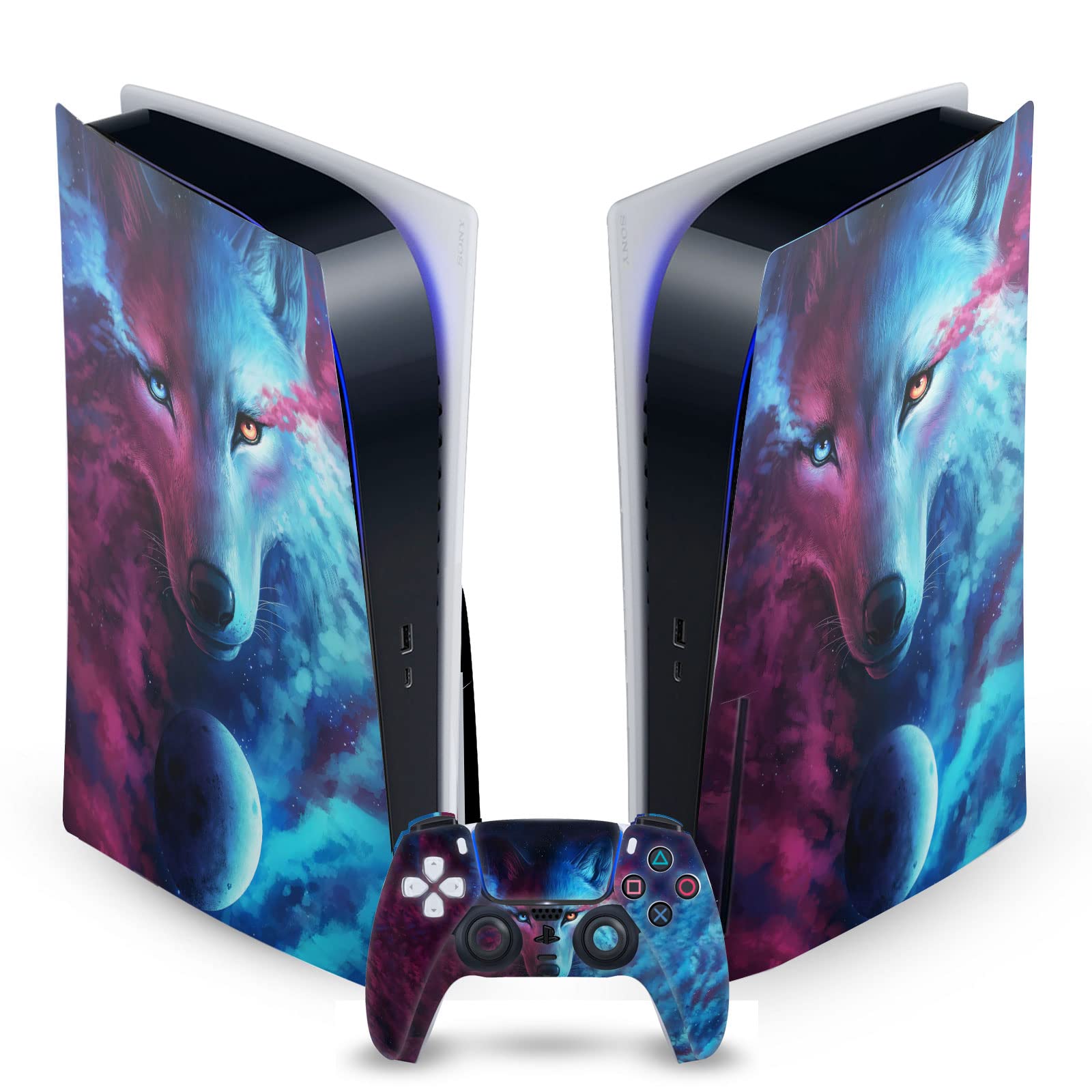 Head Case Designs Officially Licensed Jonas "JoJoesArt" Jödicke Wolf Galaxy Art Mix Vinyl Faceplate Gaming Skin Decal Compatible With Sony PlayStation 5 PS5 Disc Edition Console & DualSense Controller