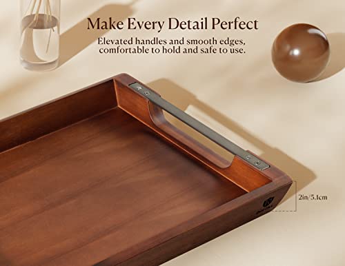 Dofira Acacia Wood Serving Tray with Metal Handles, 17x13in Food Drinks Tray for Coffee Table, Breakfast, Dinner & Bar, Rustic Decorative Storage Tray for Ottoman, Kitchen, Bedroom (Gift Packaging)