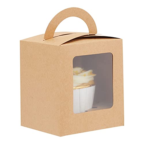 Kraft Paper Cupcake Gift Boxes with Clear Display Window, Individual Serving Bakery Box (100 Pack)