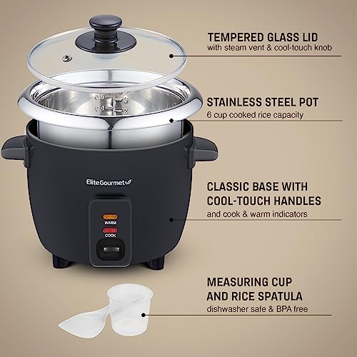 Elite Gourmet ERC006SS 6-Cup Electric Rice Cooker with 304 Surgical Grade Stainless Steel Inner Pot, Makes Soups, Stews, Porridges, Grains and Cereals, 6 cup (3 cups uncooked), Black