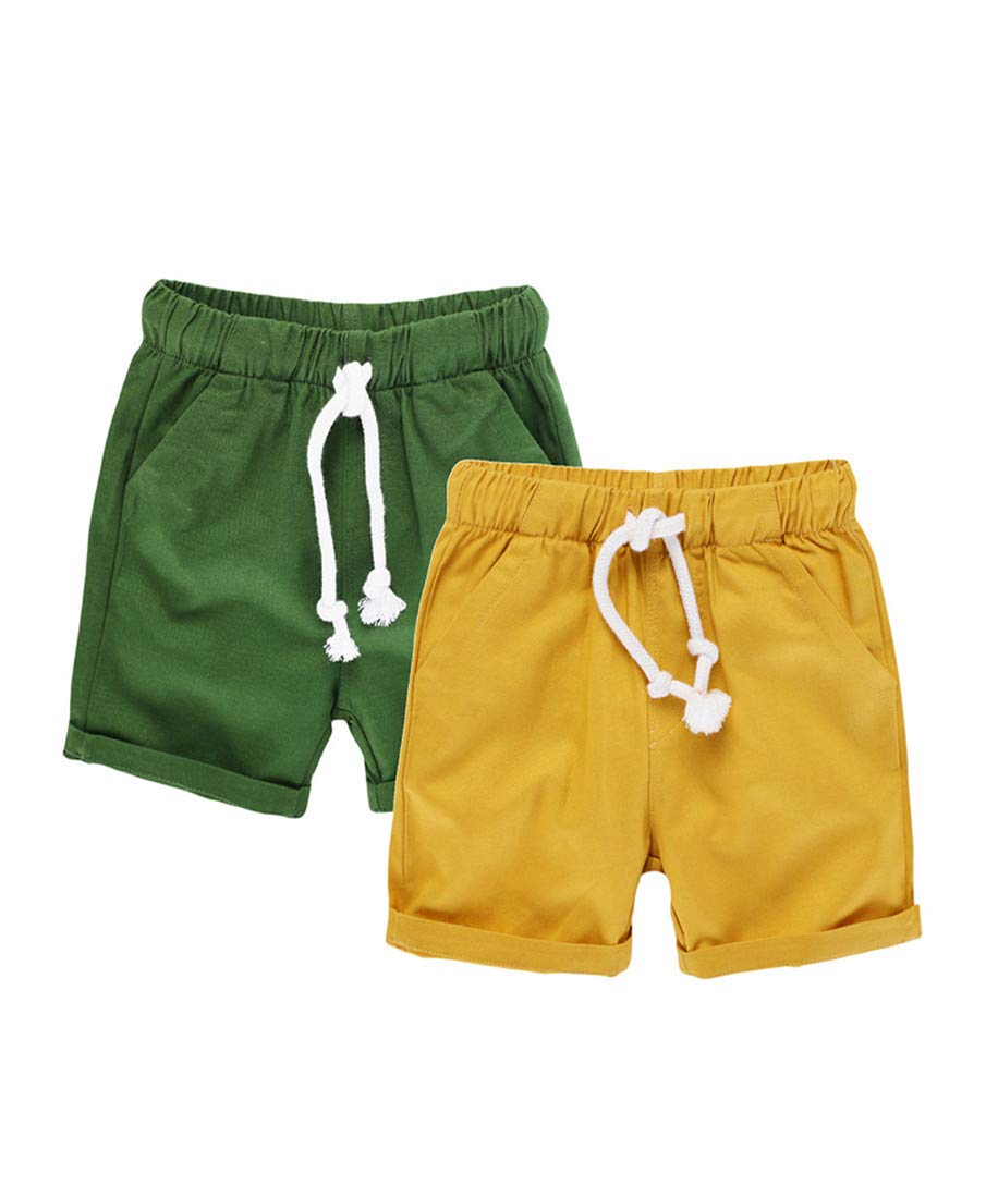 HILEELANG Baby Boys' Shorts 2-Pack Chino Short Summer Cotton Casual Pants with Pockets Yellow Green 2t