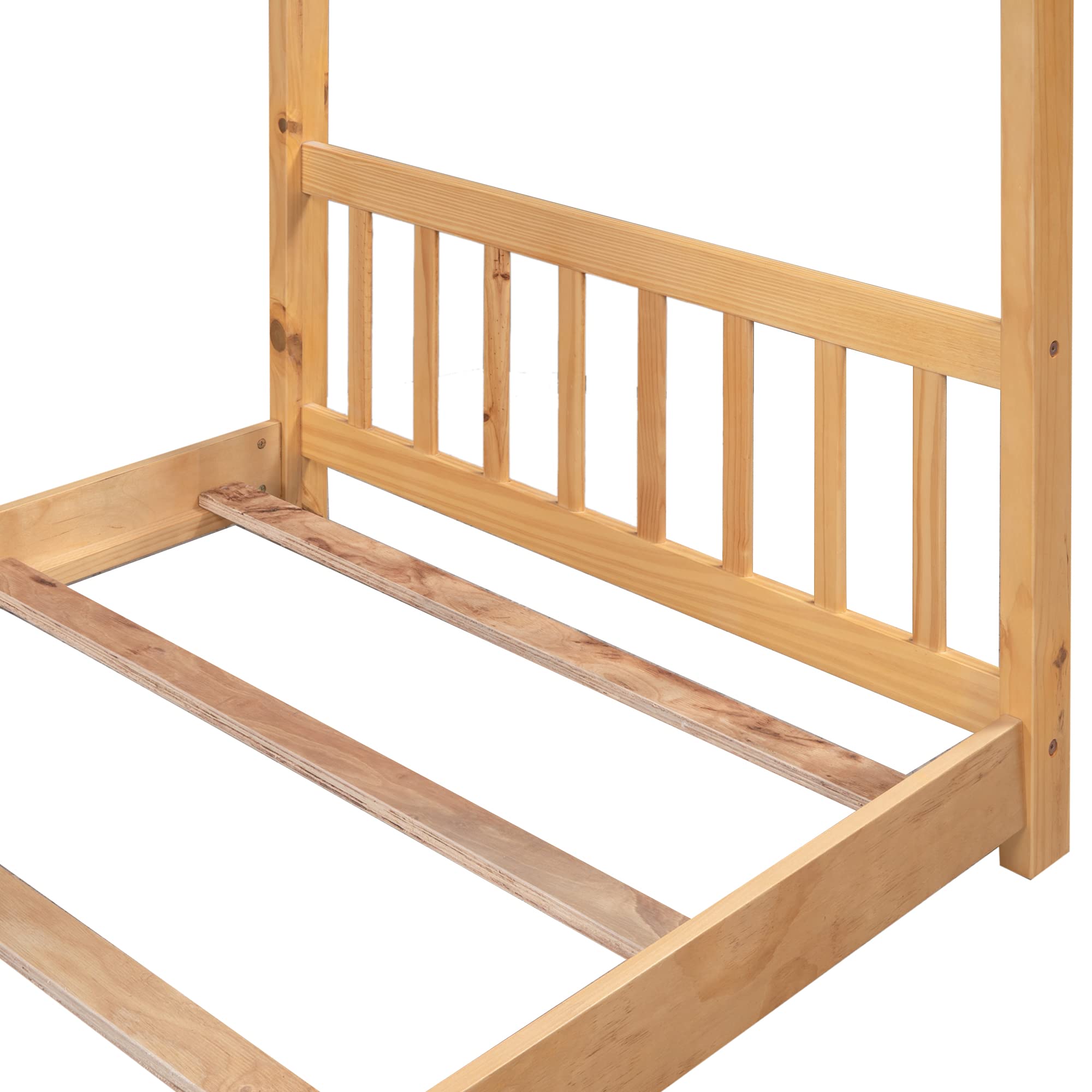 Harper & Bright Designs Toddlers House Platform Beds, Solid Wood Twin Size Floor Montessori Bed with Headboard & Footboard, House Cabin Bed Frame for Kids, Teens, Girls, Boys (Natural)