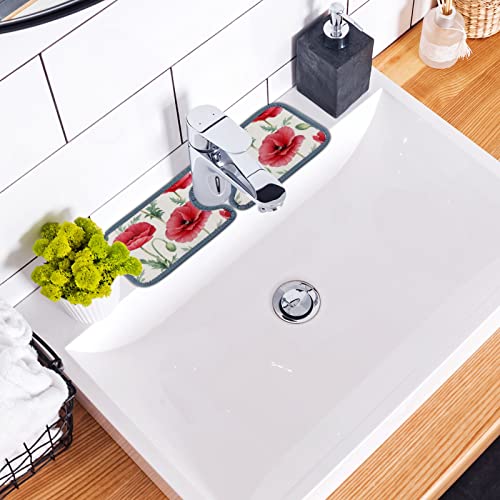 Absorbent Kitchen Faucet Mats 2 Pieces Red Poppy Flowers Faucet Sink Splash Guard Bathroom Counter and RV,Faucet Counter Sink Water Stains Preventer