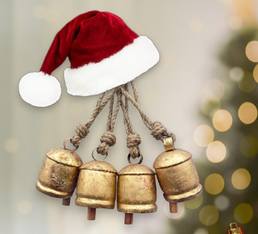 4 inch Giant Harmony Cow Bells Huge Vintage Handmade Rustic Lucky Christmas Hanging jingle bells (Country Rustic, Large) Set of 4 Handmade Bells with Jute Rope