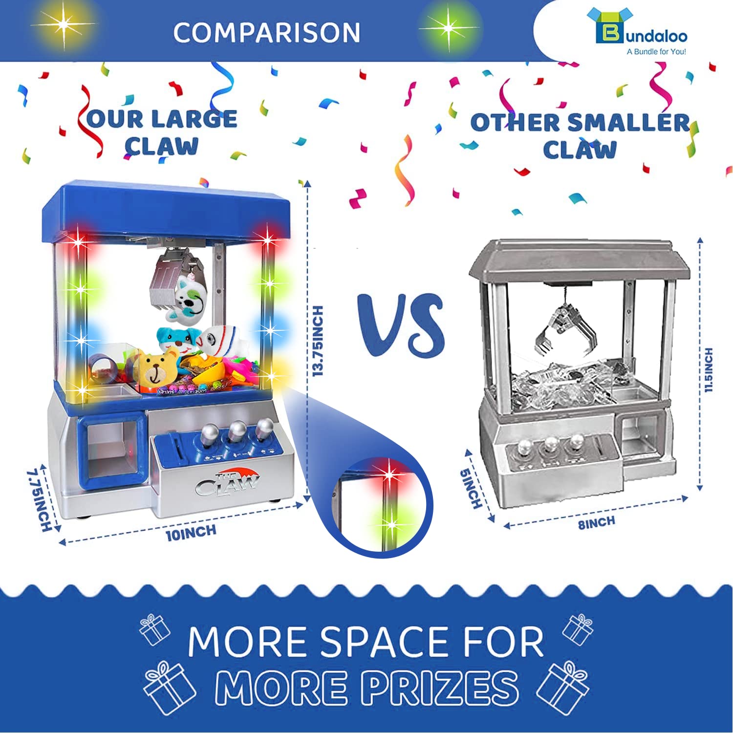 Bundaloo Claw Machine Arcade Game - Electronic Mini Candy and Toy Grabber Dispenser for Kids - with Lights Sound & 4 Mini Plush Animals (Blue)